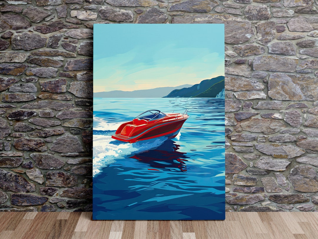 Red Speedboat on a Lake, Boat Art, Nautical Art, Ocean Art, Scenic Wall ...