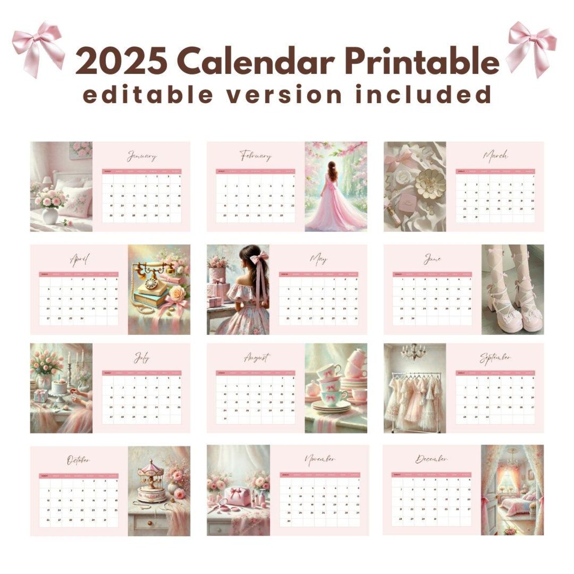 Coquette 2025 Calendar Printable, Printable Calendar, Editable Calendar ...