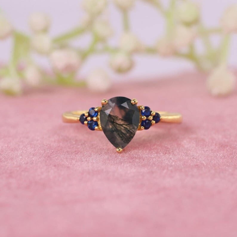 Teardrop Moss Agate Engagement Ring Yellow Gold Bridal Jewelry Cluster ...