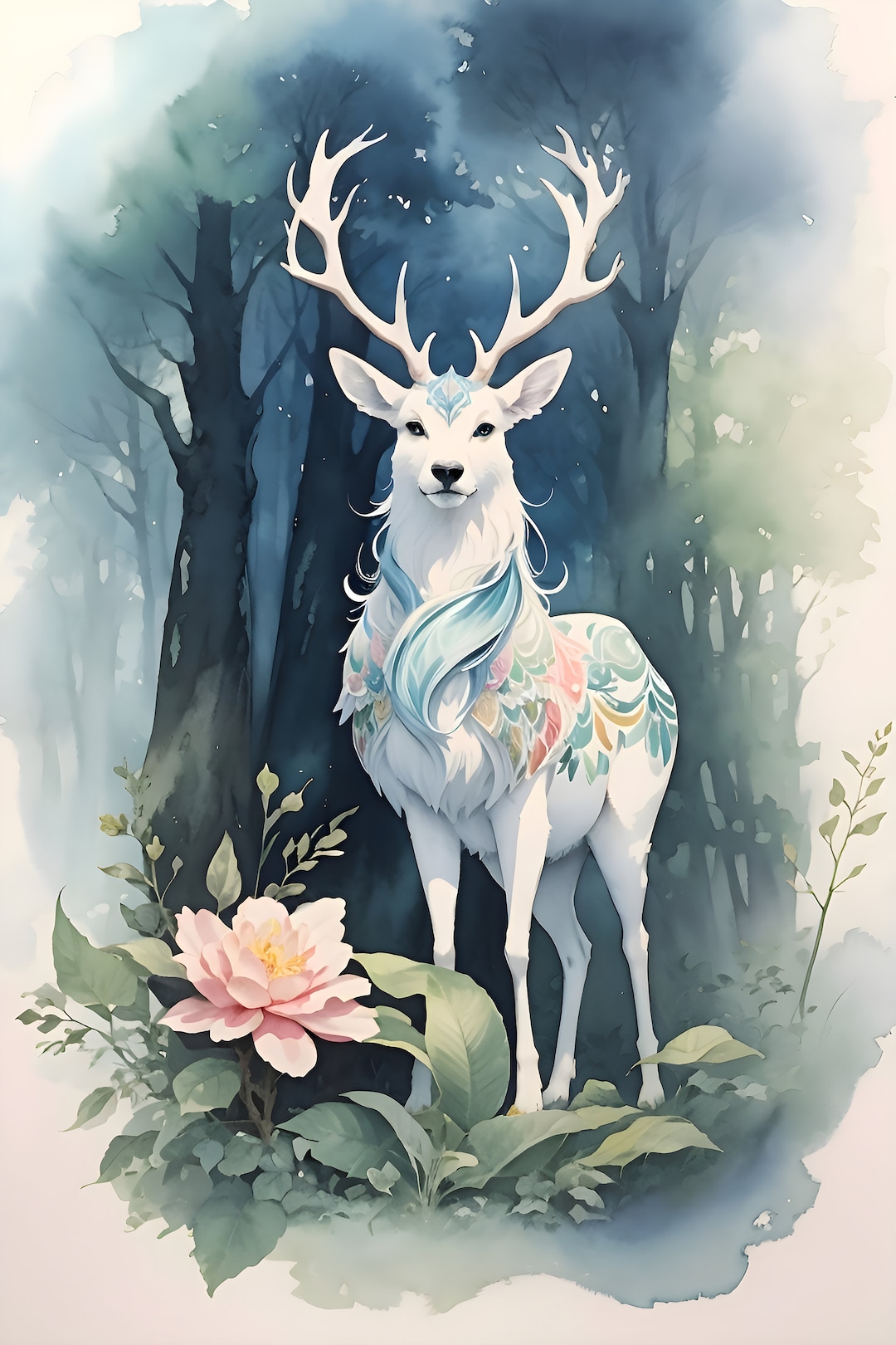 Mythical Deer Art: Enchanted Watercolor Portrait - Beautiful Animal ...