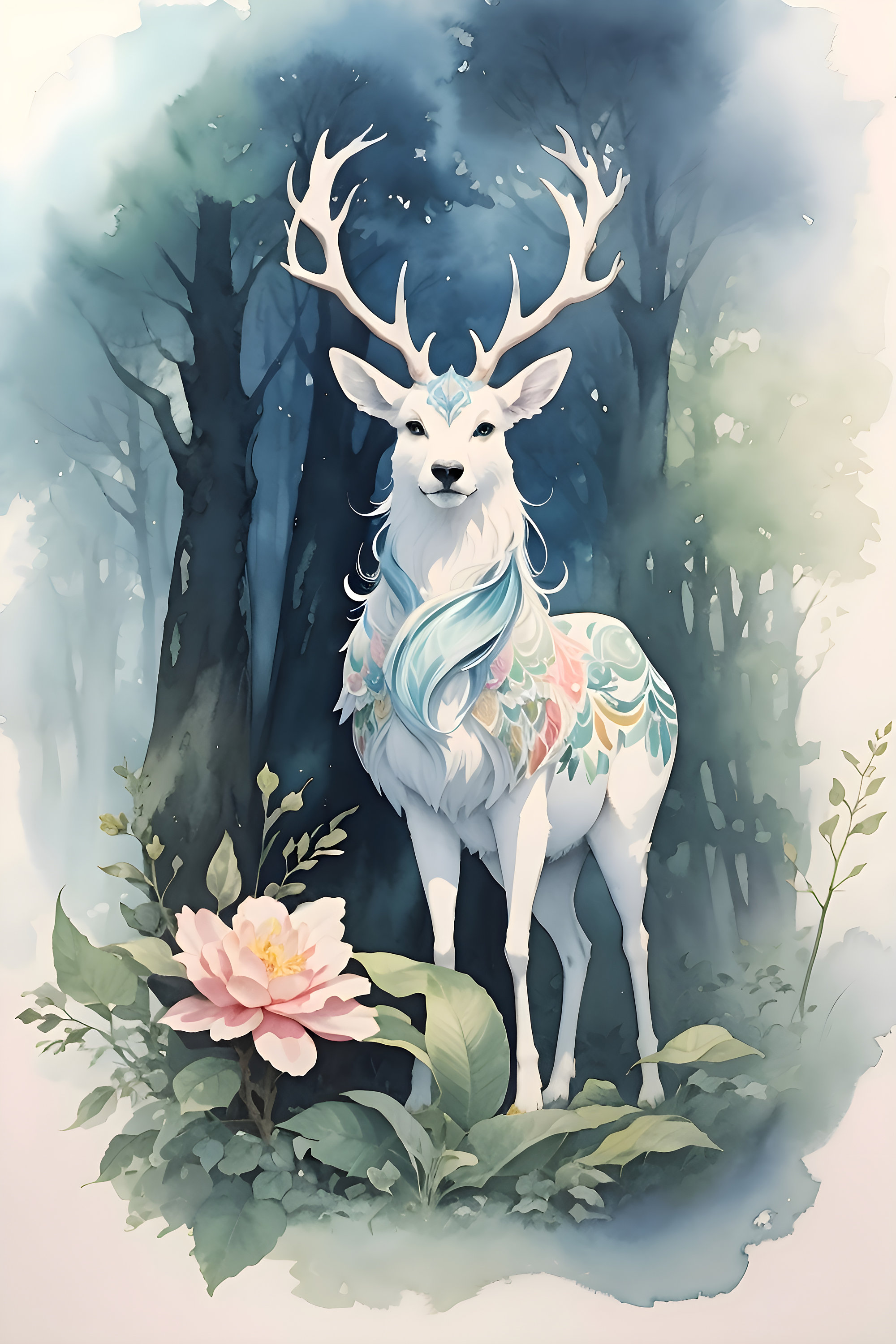 Mythical Deer Art: Enchanted Watercolor Portrait - Beautiful Animal ...
