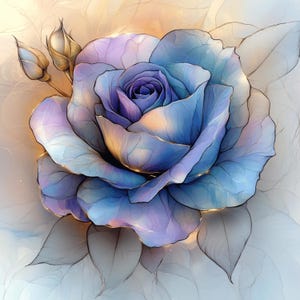 Blue Rose Pastel Stained Glass Effect Artwork, 15 Flower Digital Images ...