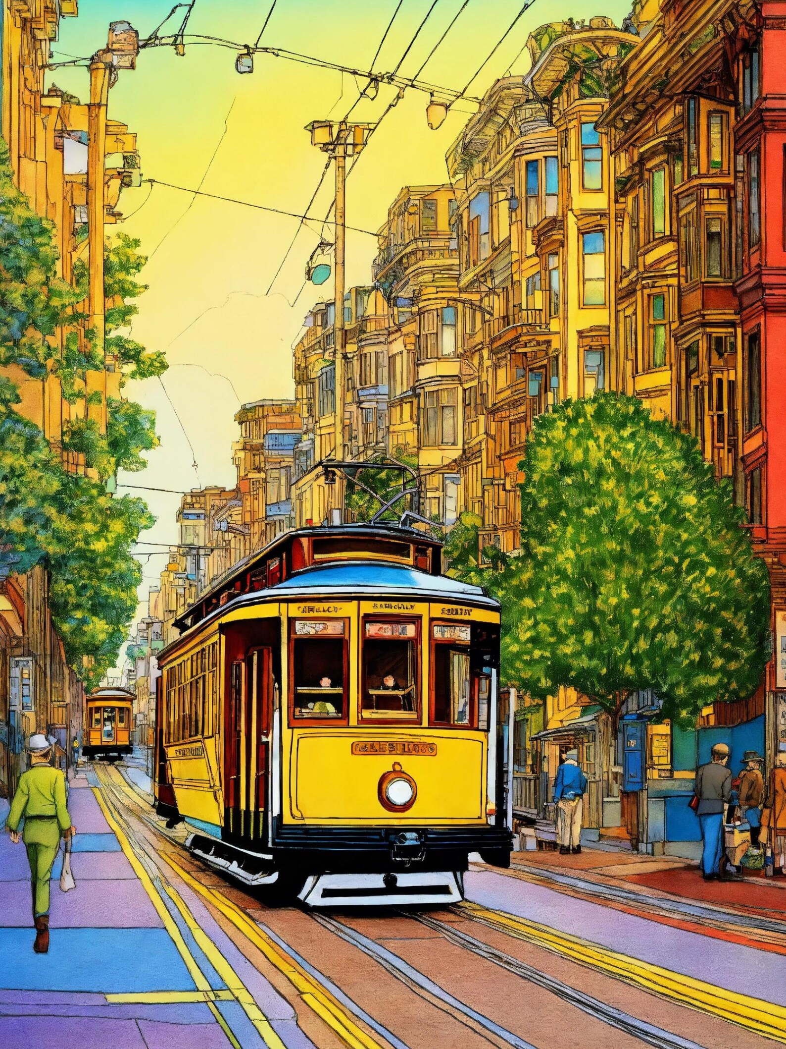 ELEVEN Vintage Tram Bus Art Print Scenes Colorful City Street ...