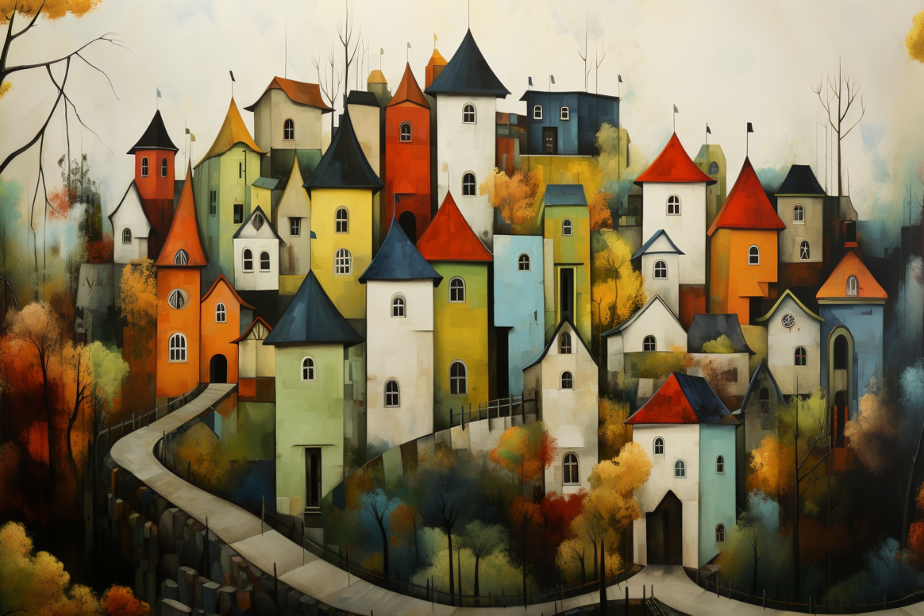 NINETEEN Whimsical Townscape Digital Art Print Colorful Fairytale ...