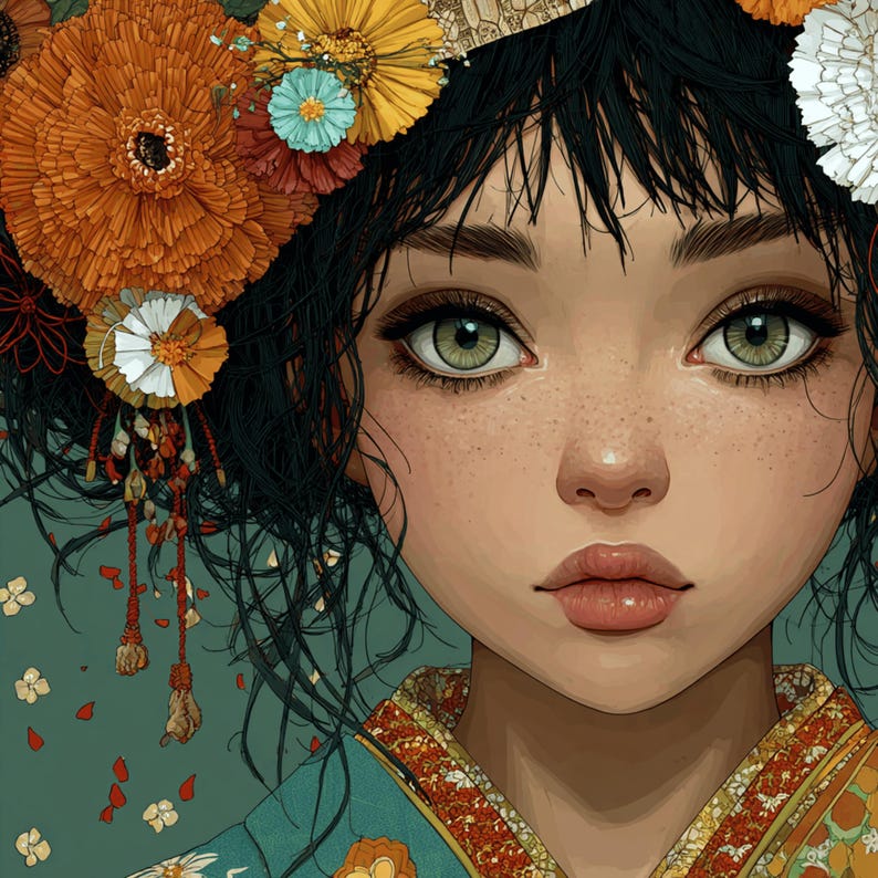 15 Whimsical Female Portrait Wall Art, Anime Floral Digital Woman Faces ...