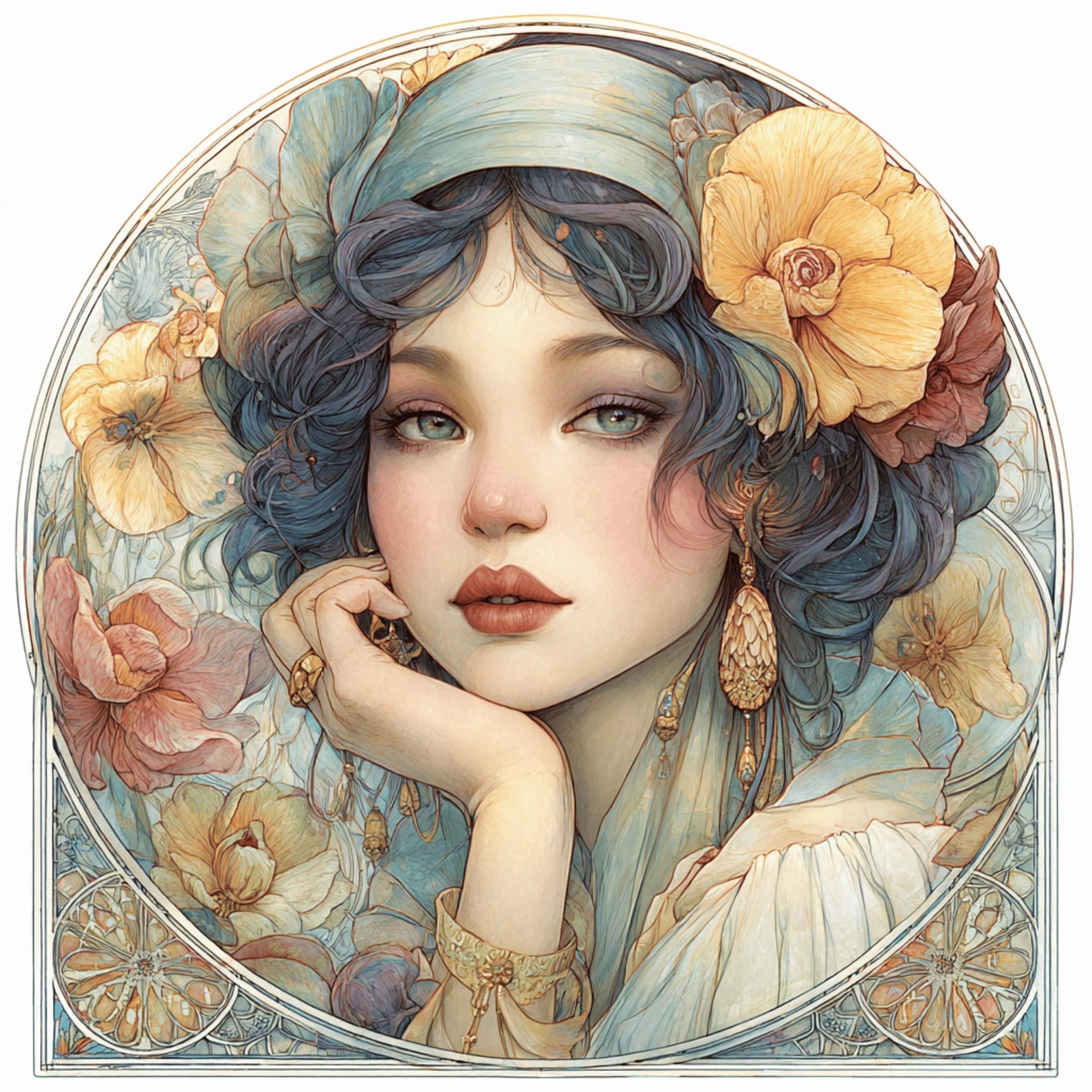 44 Art Nouveau Female Portraits With Flowers Vintage Botanical Women ...