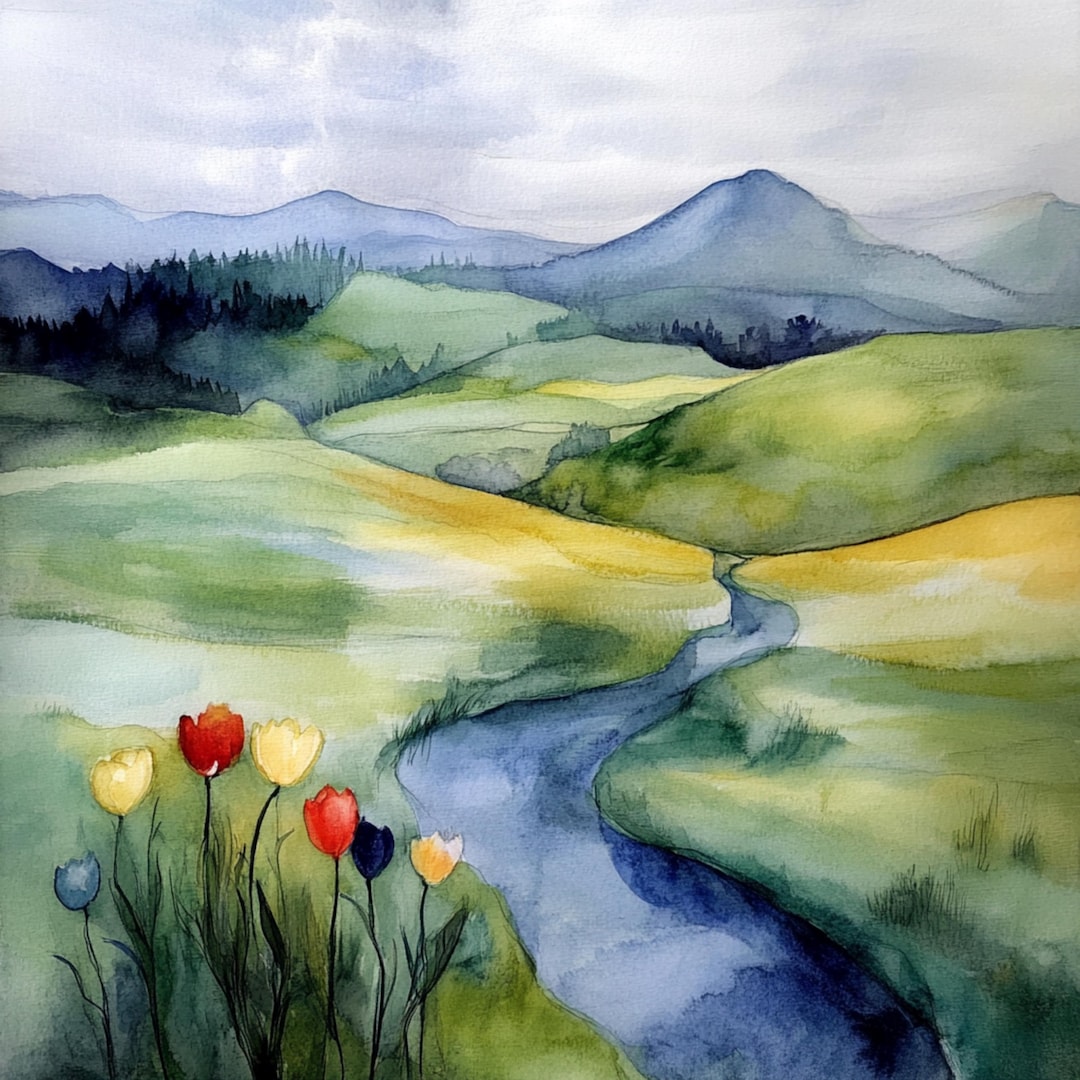 35 Watercolor Landscape Art Poster, Digital Download, Large Square Wall ...