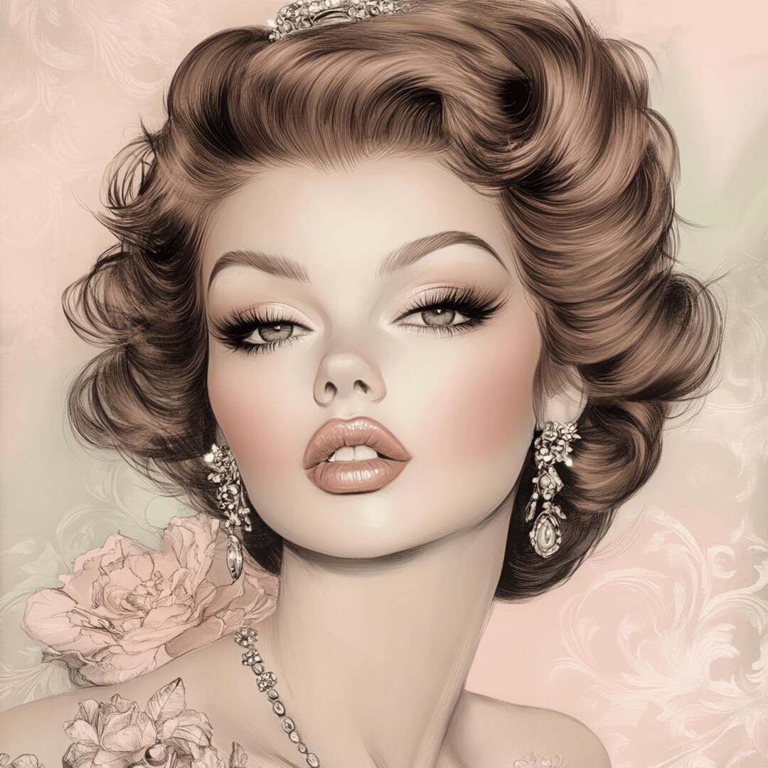 19 Retro Fictional Movie Starlet Portrait, 19 Digital Images Set, Pink ...