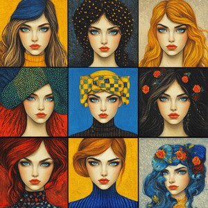 8 Digital Female Portraits Art, 3x3 Grid, Large Square Artwork, Wall ...