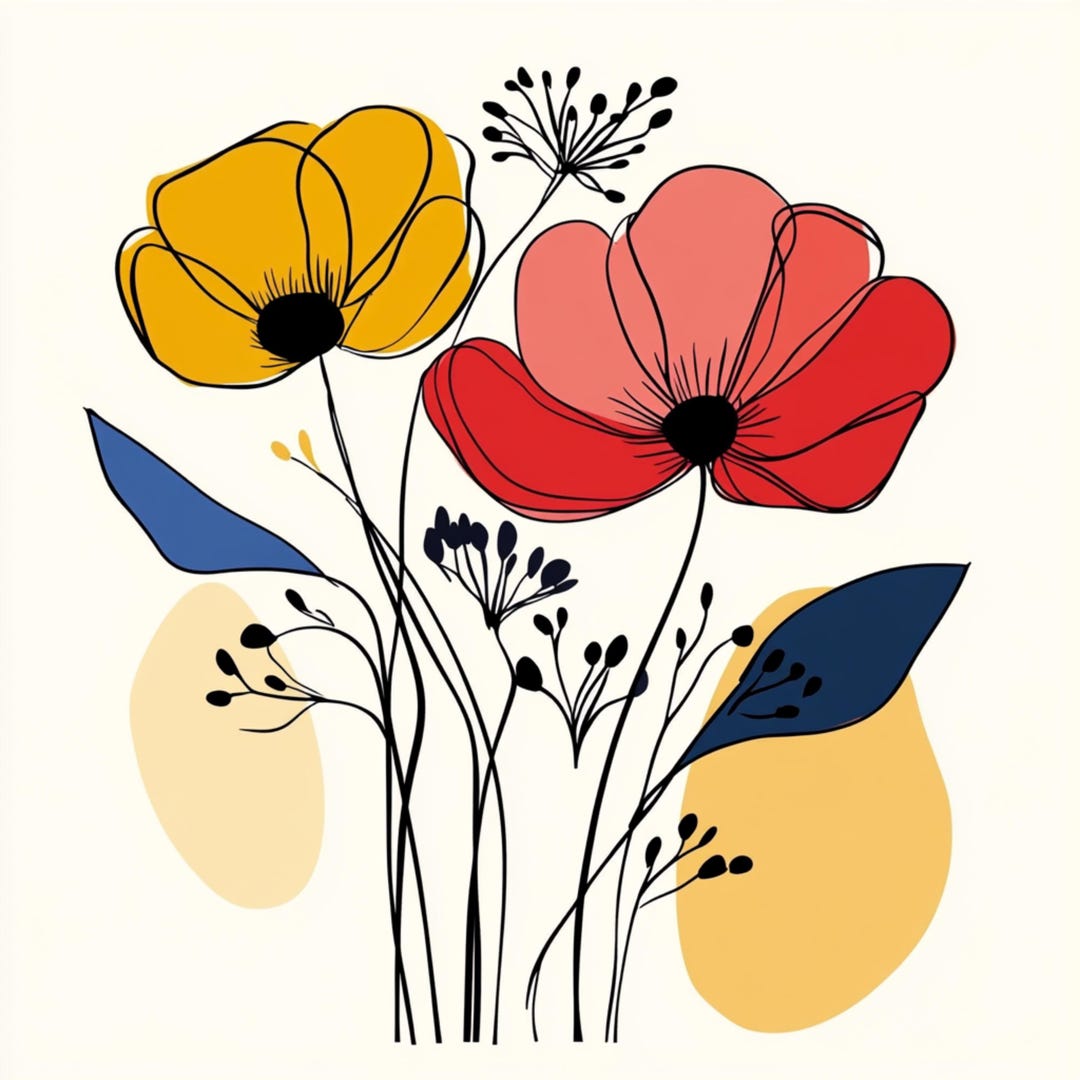 12 Modern Floral Line Art Digital Print Set, Abstract Bold Colors ...