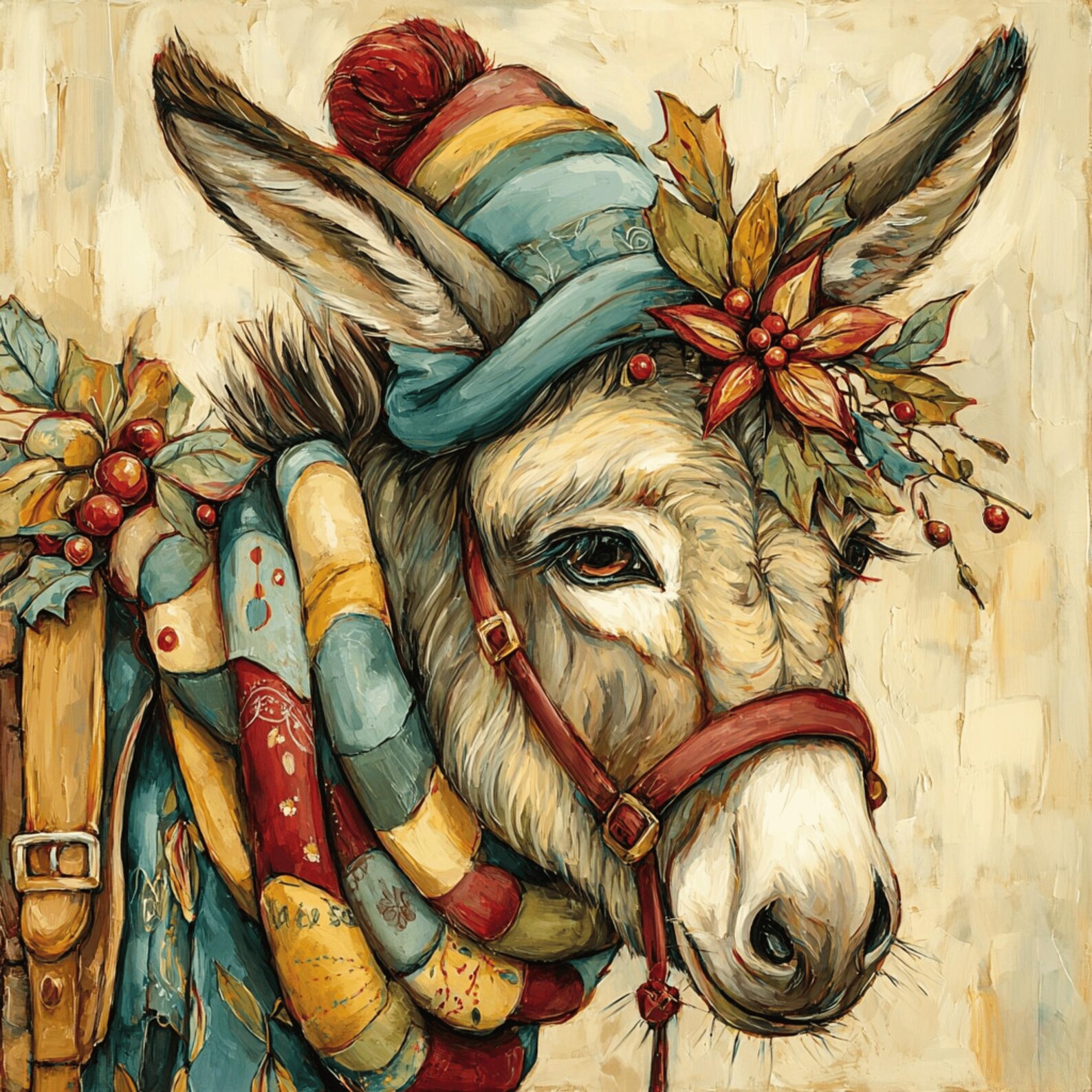 25 Christmas Donkey Wall Art, Festive Farm Animal Painting, Holiday ...