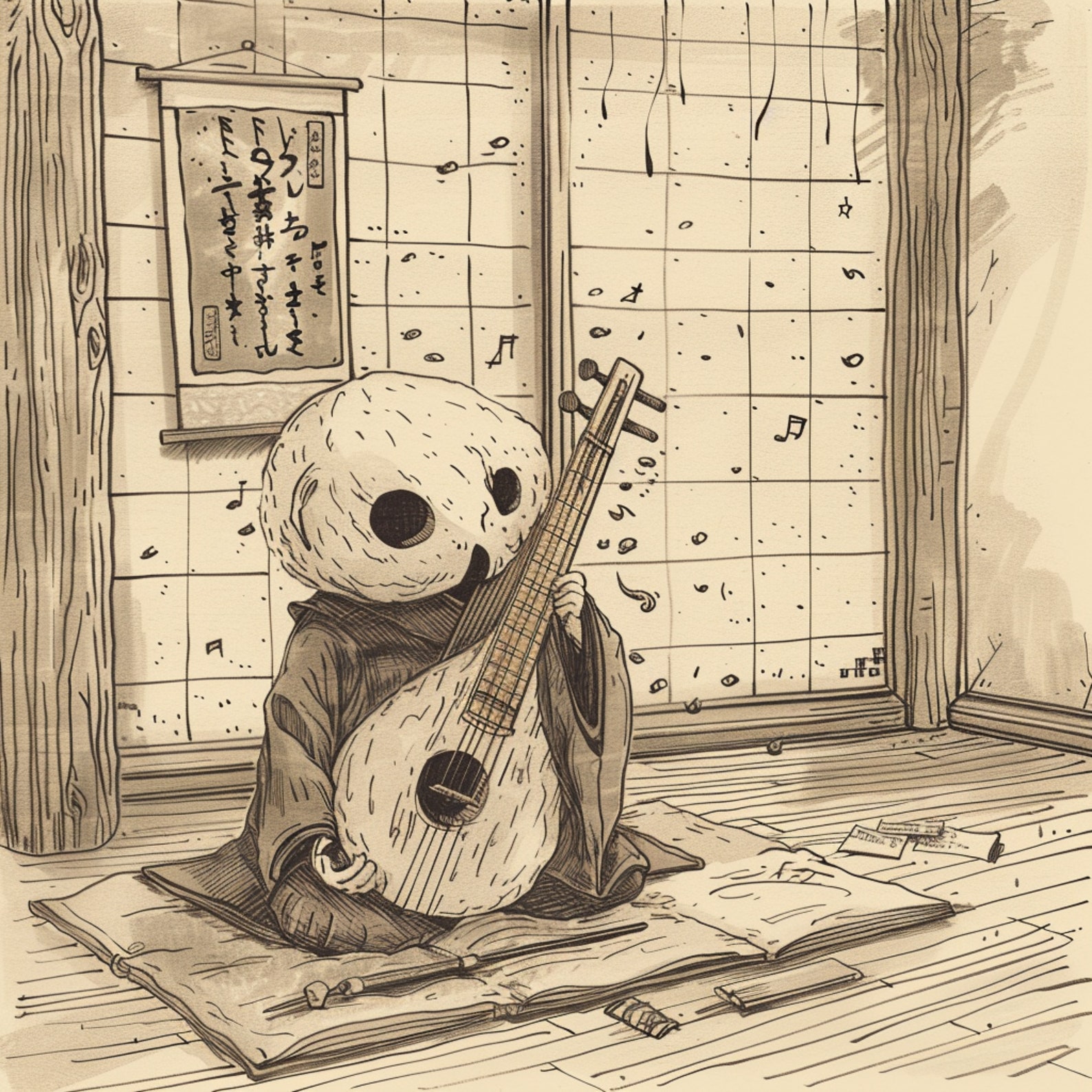 SIX Traditional Japanese Musician Art, Digital Download, Moon Head ...