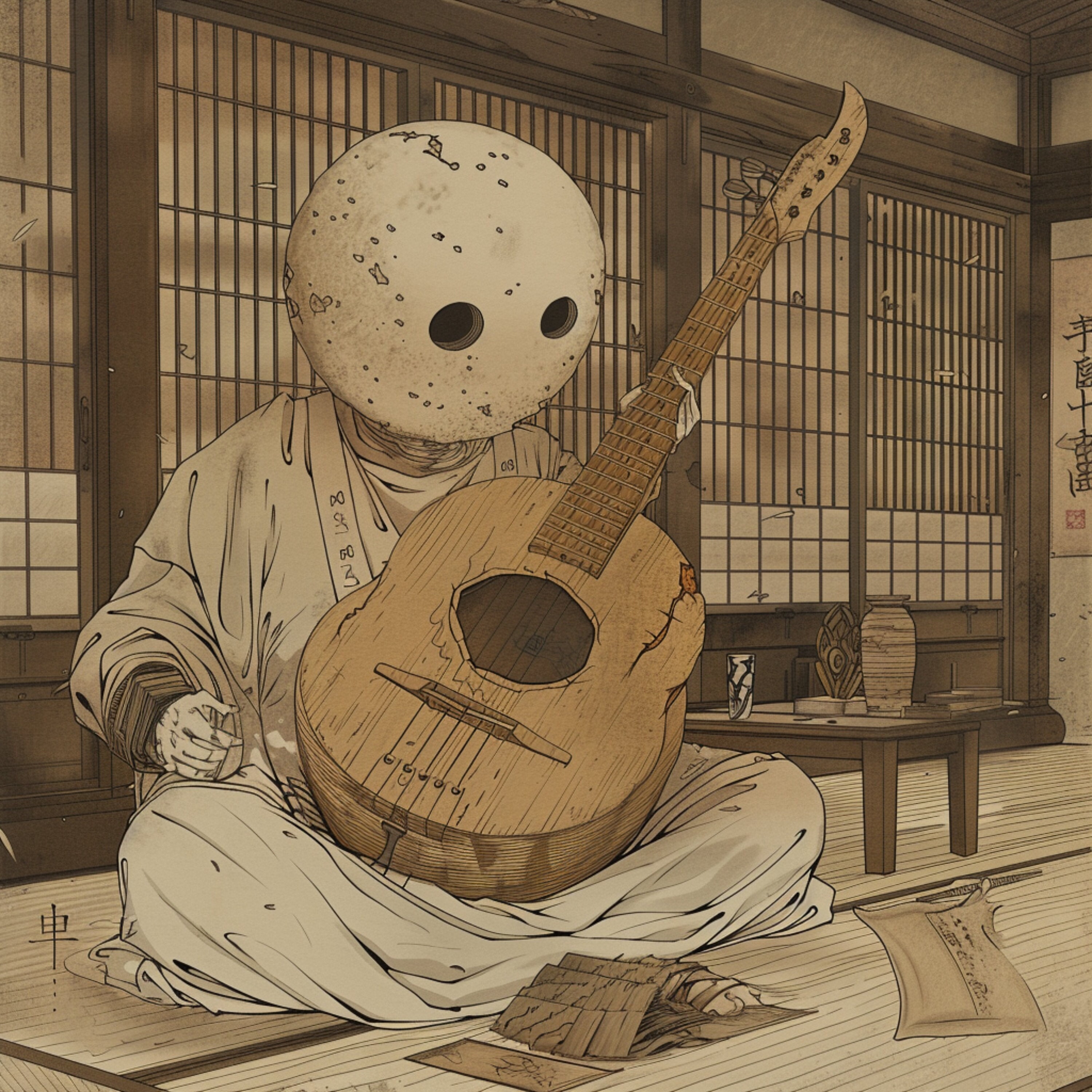 SIX Traditional Japanese Musician Art, Digital Download, Moon Head ...