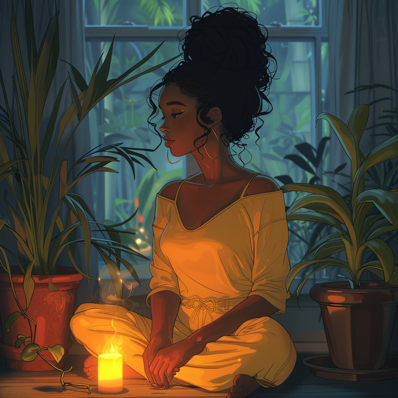 ELEVEN Tranquil Evening, Afro Woman Contemplating, Thinking Woman ...