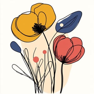 12 Modern Floral Line Art Digital Print Set, Abstract Bold Colors ...