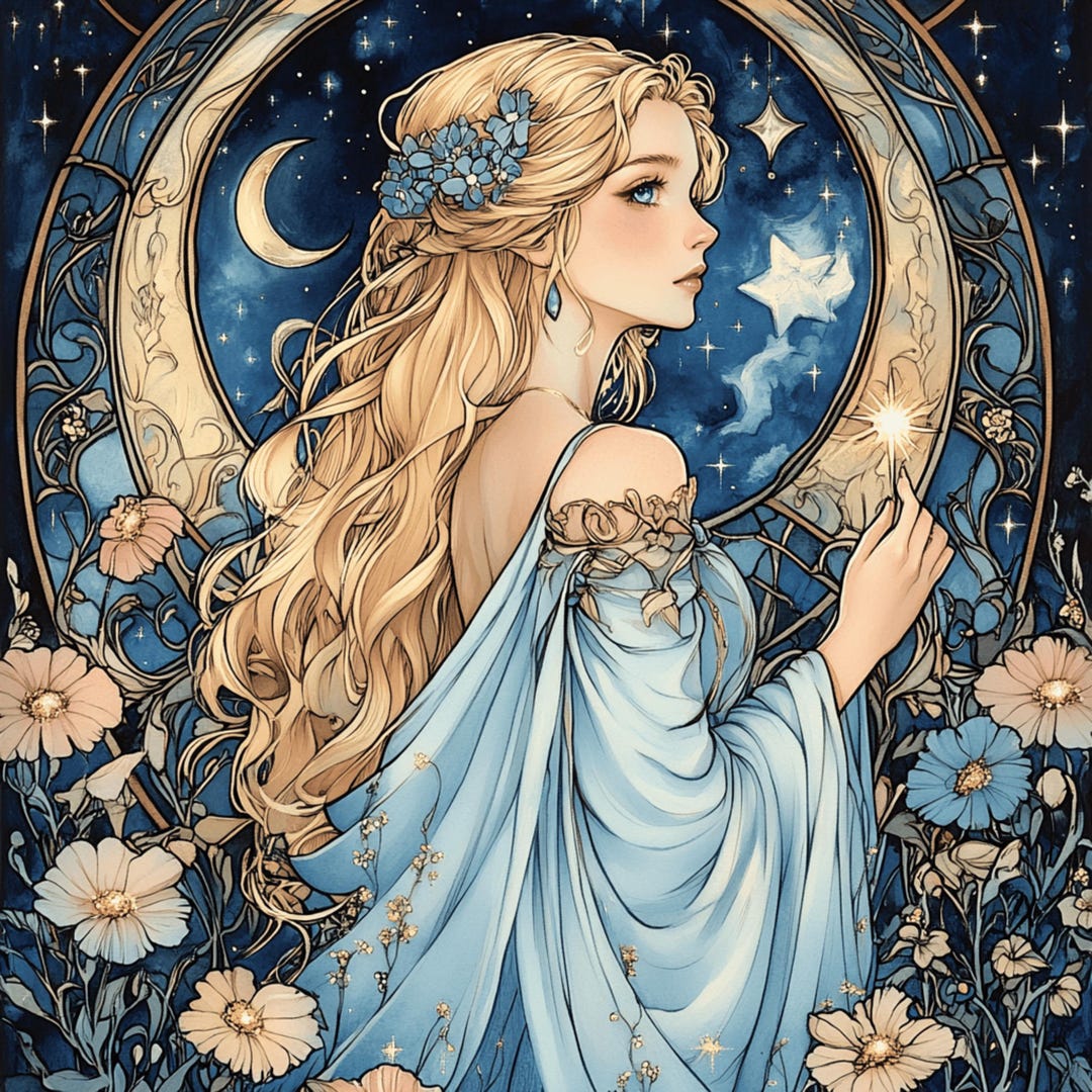 Moonlit Woman Fantasy Art Print: Ethereal Blue Tones (digital Download ...