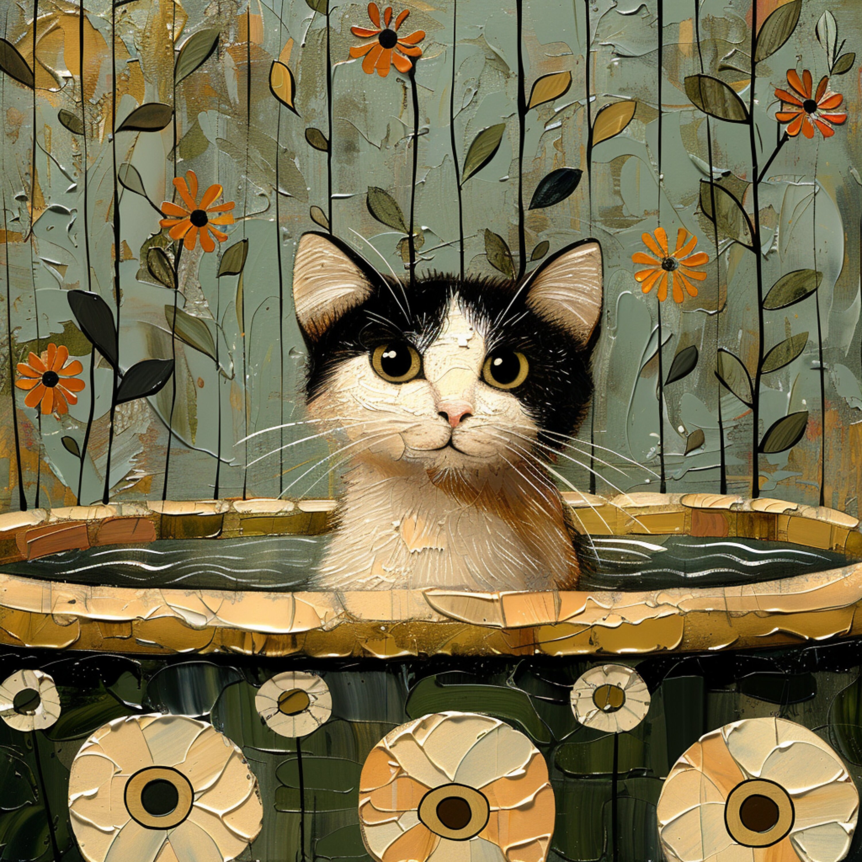 12 Cute Cat in Tub Digital Artwork, Cartoon Cat Illustration Wall Art ...