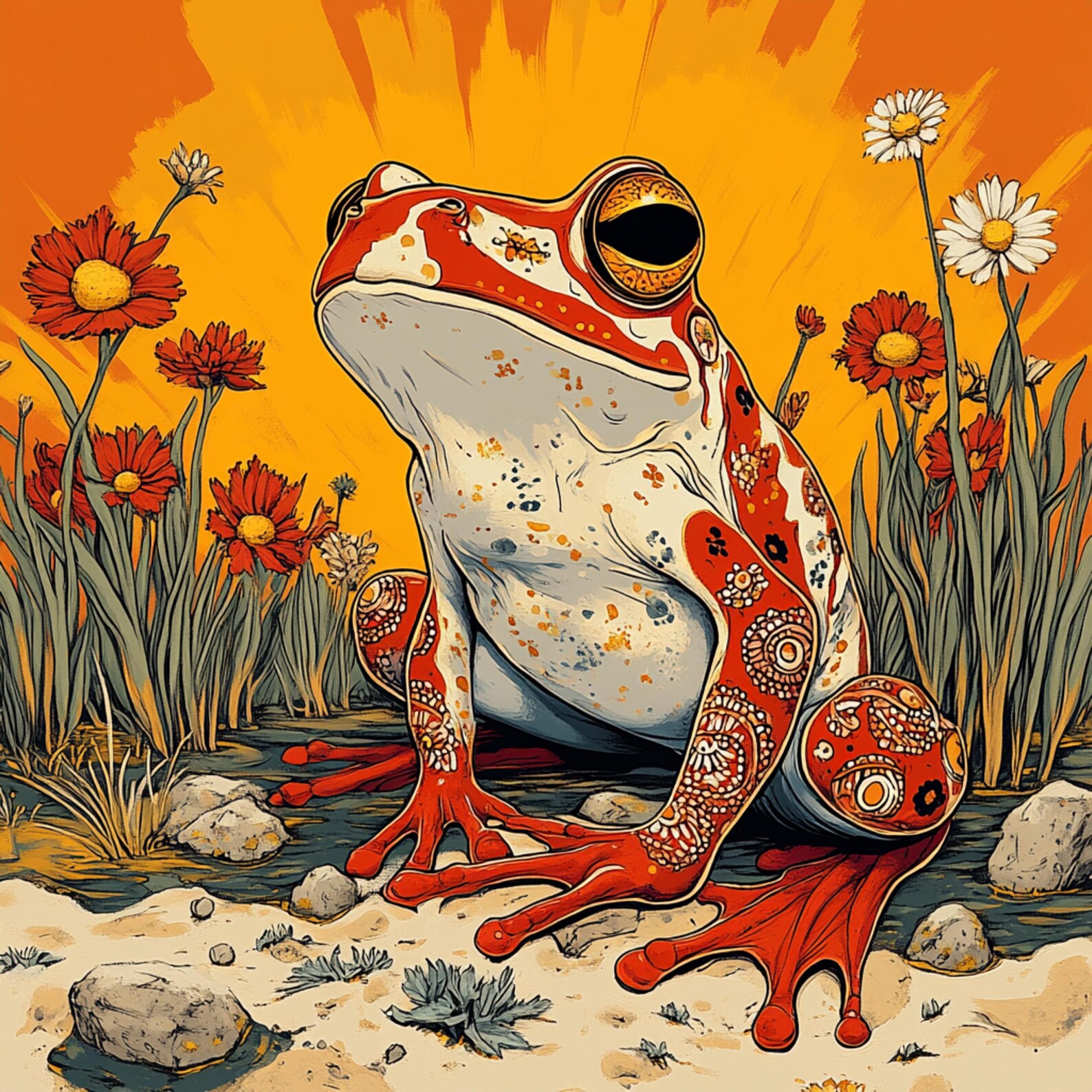 Large Square Frog Artwork, Orange Red Digital Frog Prints, 12 Digital ...