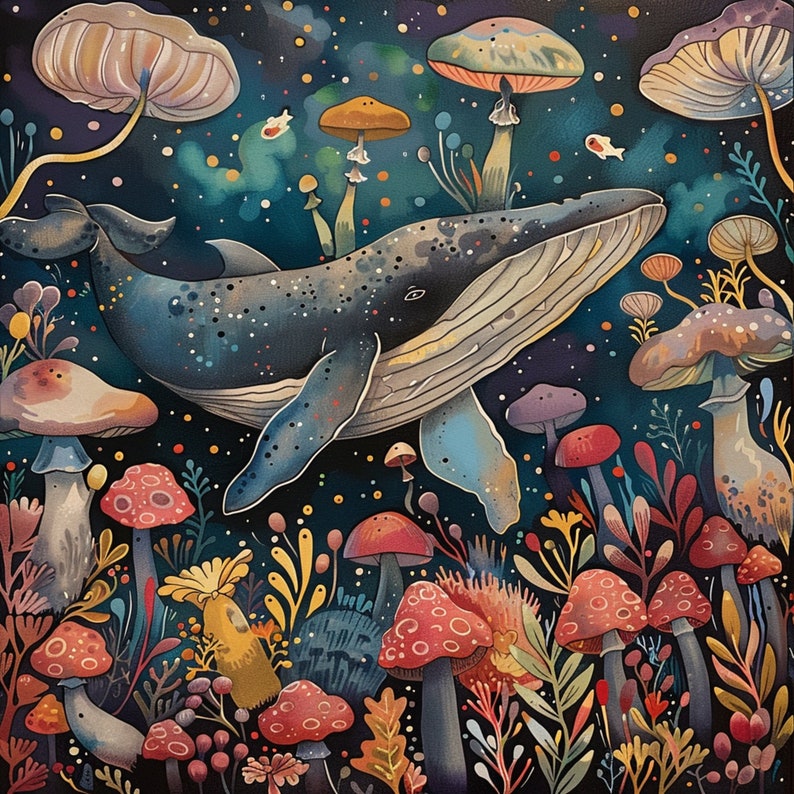 NINE Whimsical Ocean Whales and Enchanted Forest Mushrooms Wall Art ...