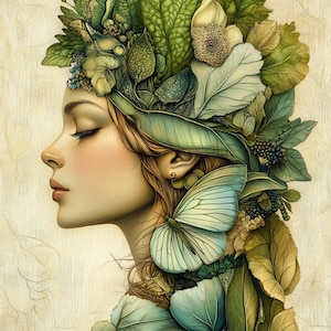 15 Boho Female Portrait Digital Art, Green Artwork Collection, Large ...