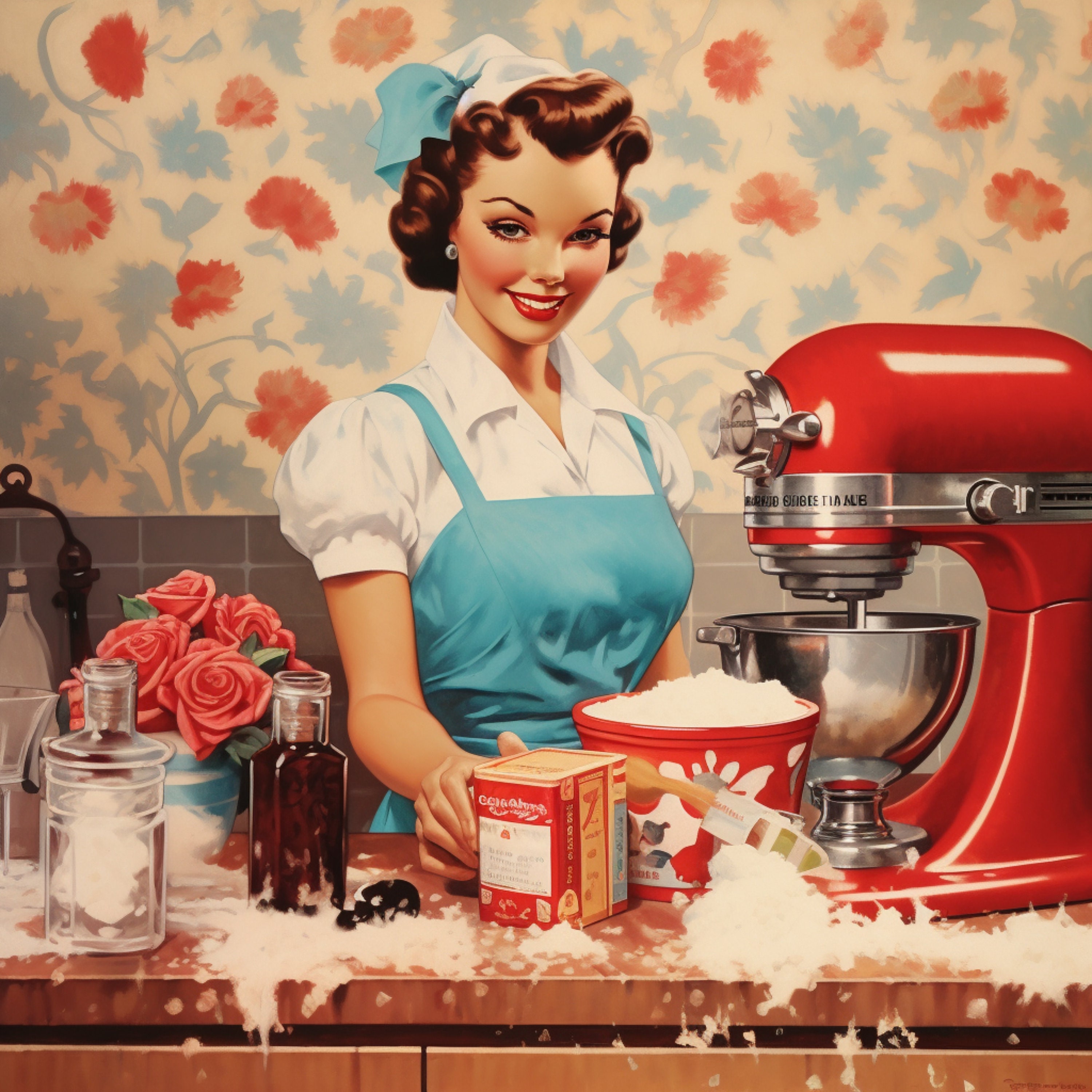 FIVE Woman Cooking Prints Retro Vintage Style Wall Decor Instant ...