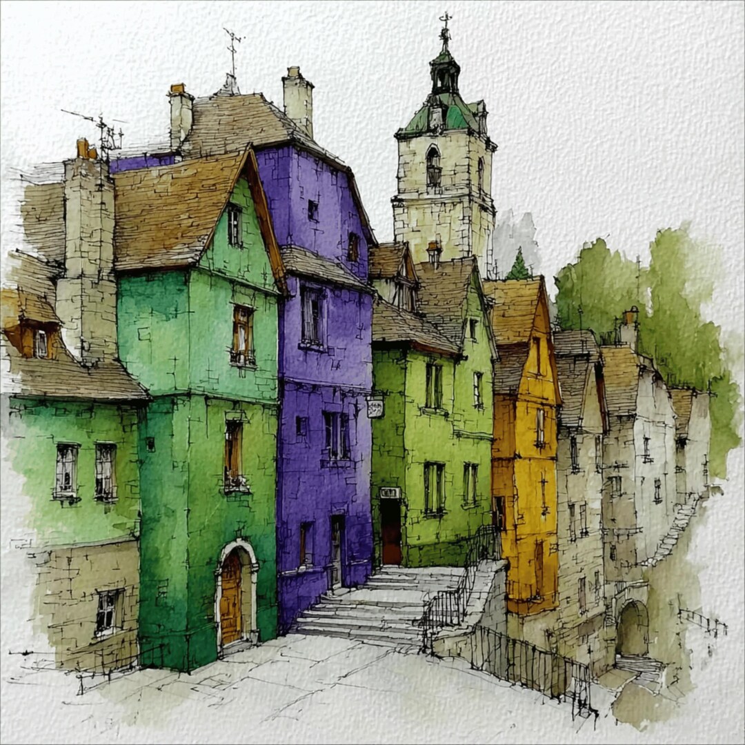 Colorful Town Scenes Watercolor Ink Art Prints: DIY Kitchen & Dining ...