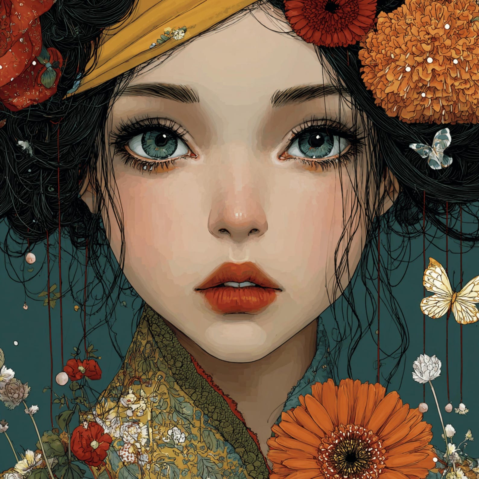 15 Whimsical Female Portrait Wall Art, Anime Floral Digital Woman Faces ...