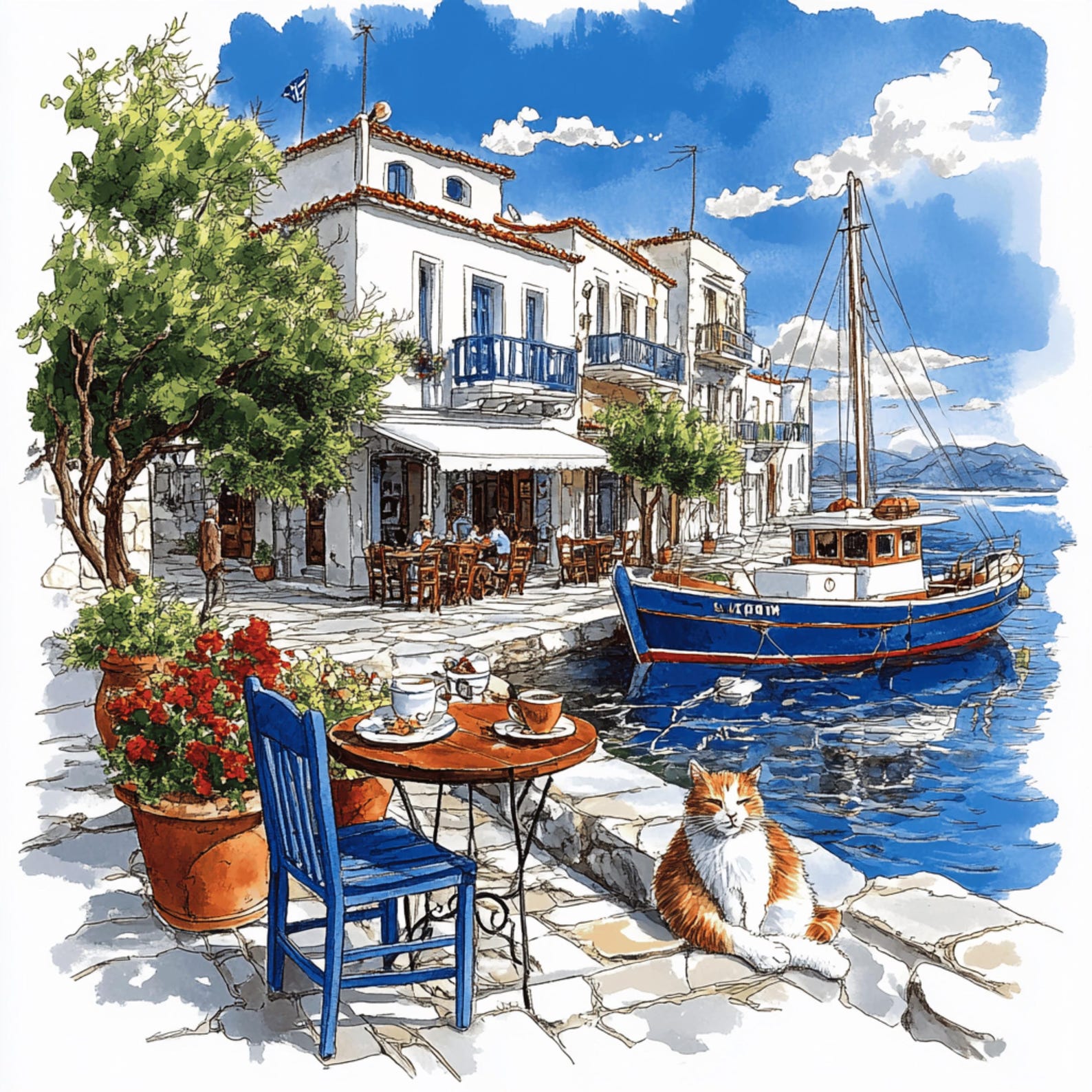 8 Charming Seaside Village Coastal Cafe Art Print Nautical Decor Wall ...