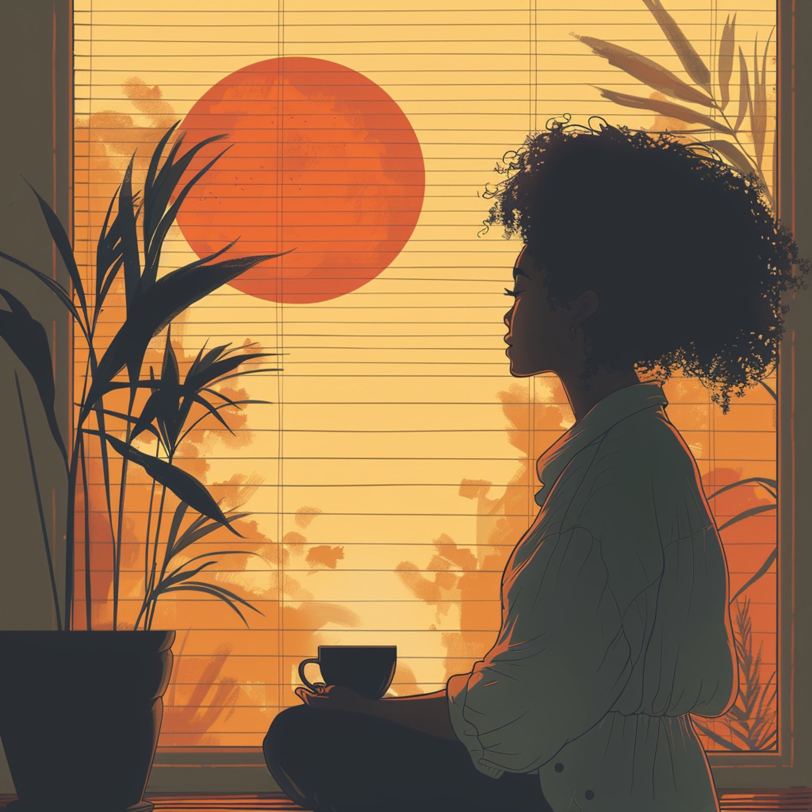 ELEVEN Tranquil Evening, Afro Woman Contemplating, Thinking Woman ...