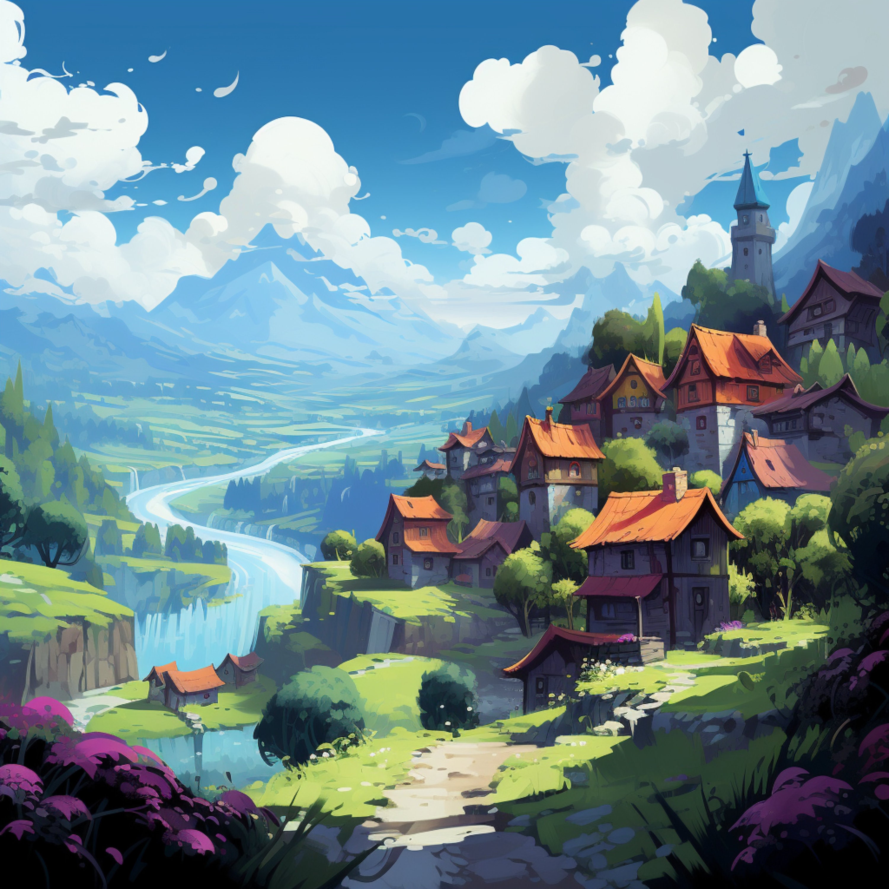 SIXTEEN Rustic Fantasy Mountain Town Village Scenes Colorful Landscape ...