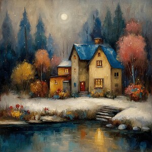 20 Winter Cottage Landscape Art Set With Snow, Cozy Houses and ...
