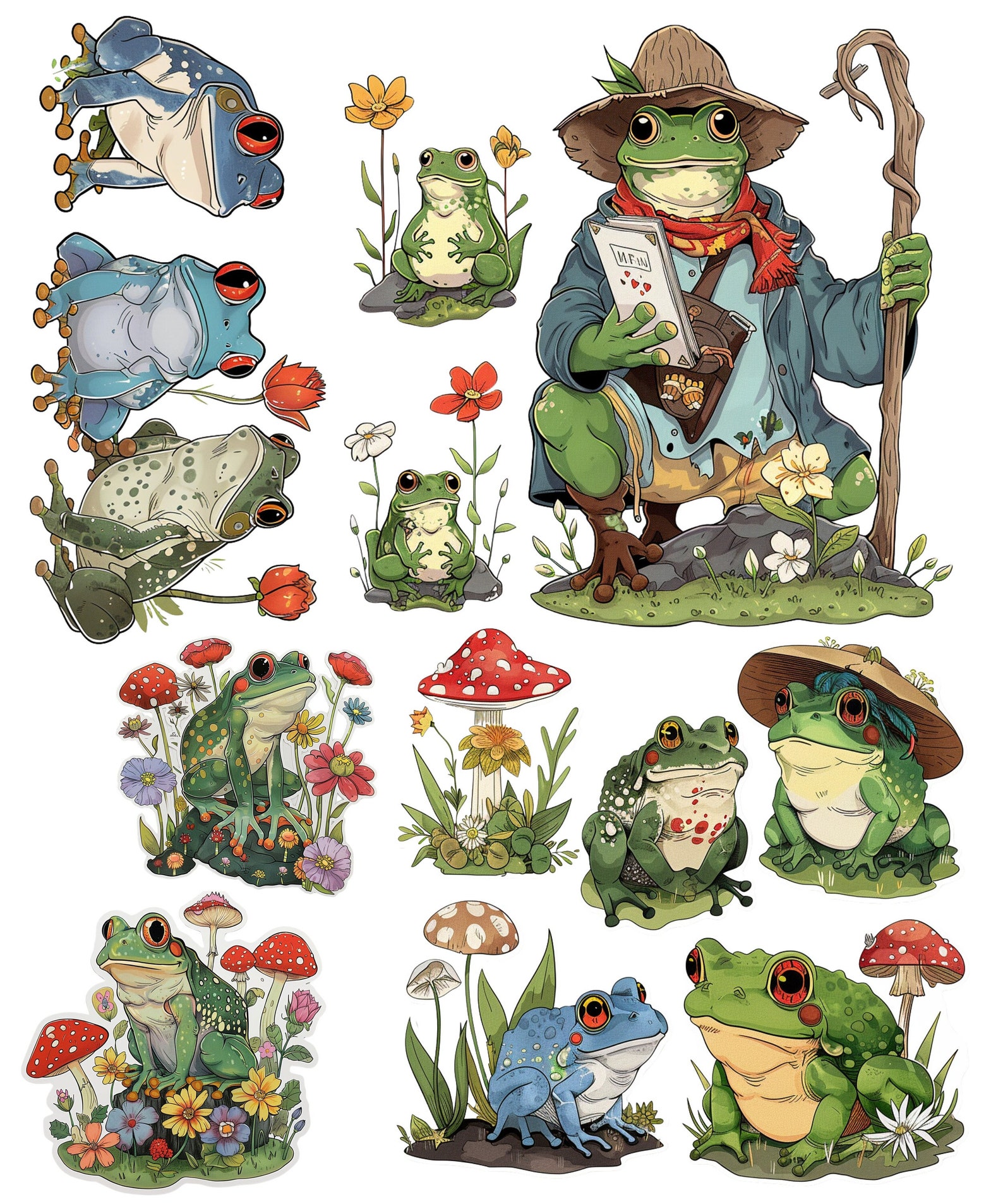 20 Sheets, Digital Download, Cute Frog Stickers, Whimsical Frog Decals ...