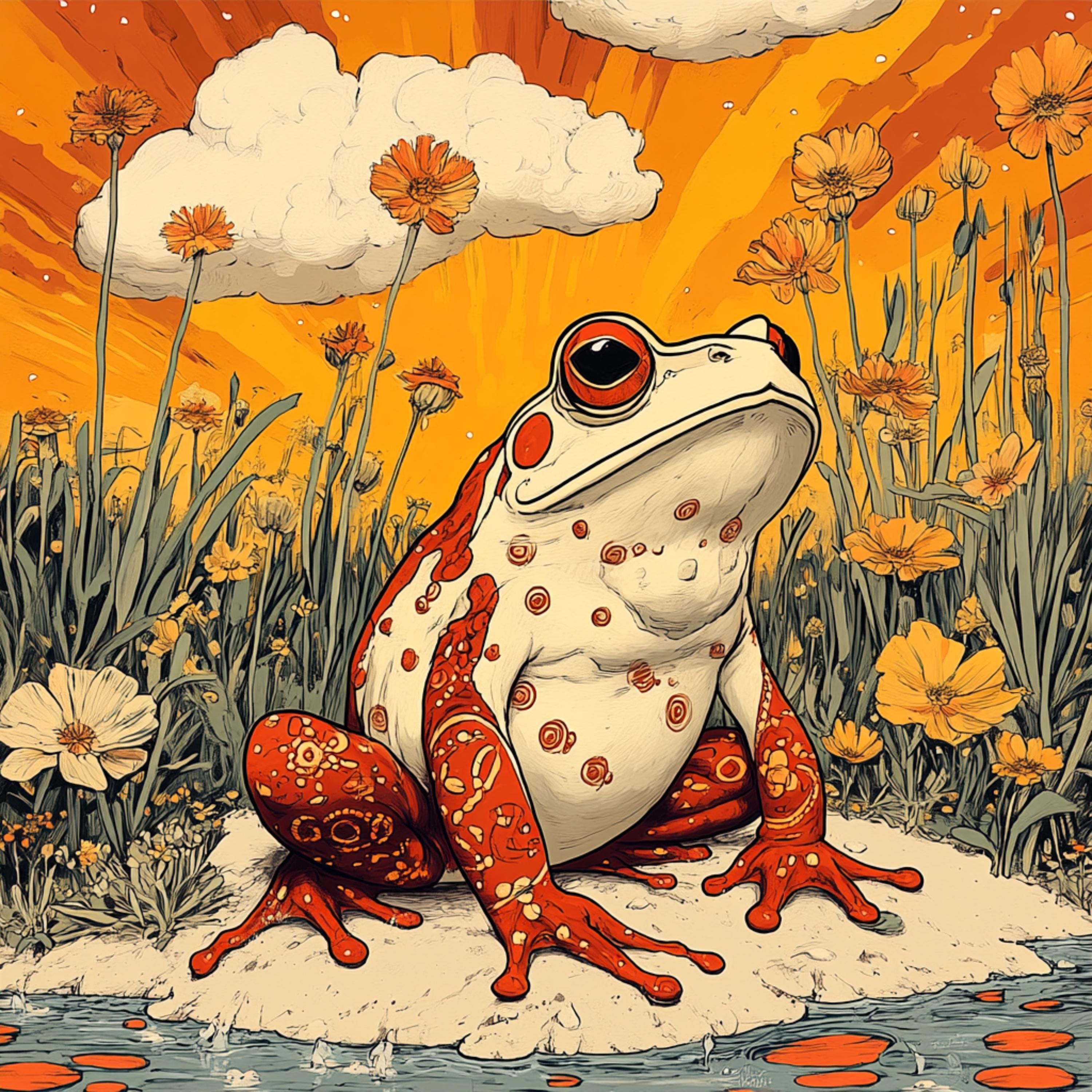 Large Square Frog Artwork, Orange Red Digital Frog Prints, 12 Digital ...