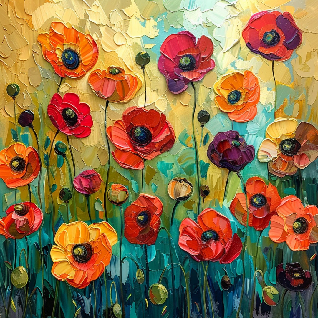 TWELVE Poppies Wall Art, Contemporary Acrylic, Large Artwork Digital ...