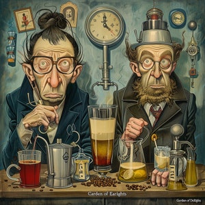 8 Vintage Barista Mixologist Digital Art, Quirky Caricature Cartoon ...