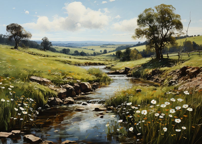 FOUR Rustic Landscape Wall Art, Country Meadow Stream, Nature Canvas ...