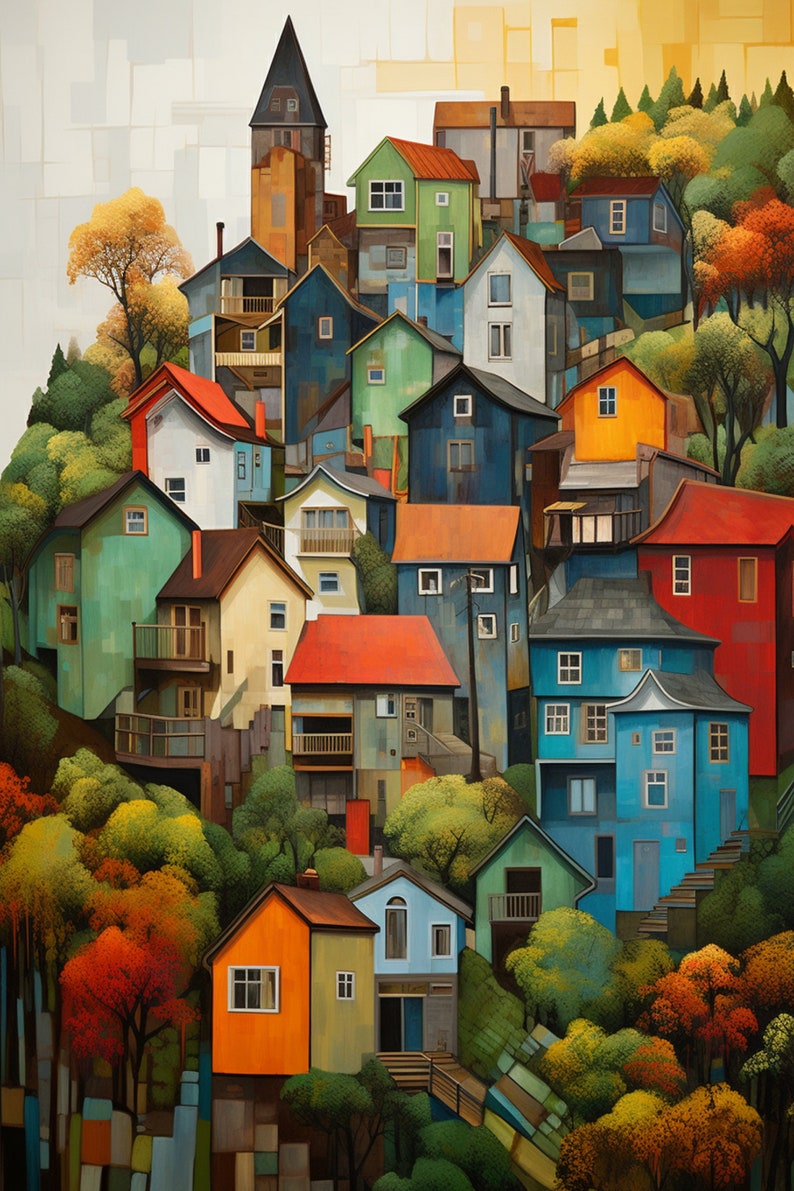 TEN Colorful Abstract Cityscapes, Digital Download, Geometric Houses ...