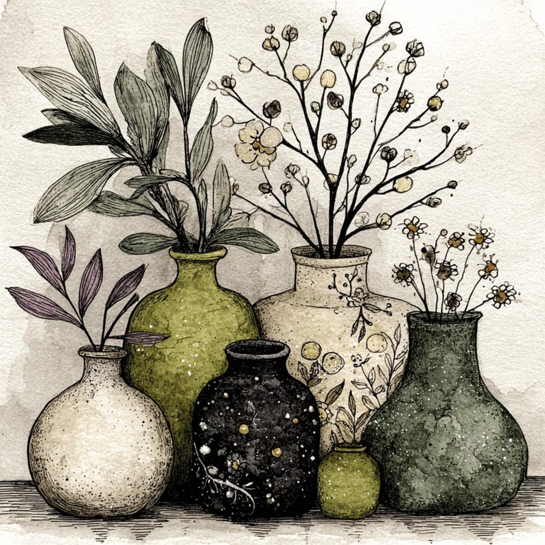 40 Botanical Floral Art Set Vintage Vase Flowers Neutral Folk ...