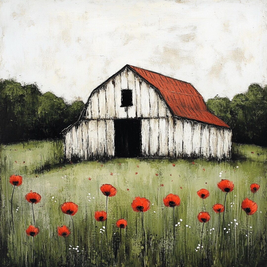 35 Rustic Barn Art Set Folk Farmhouse Landscape Poppy Field Painting ...