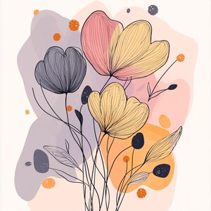 12 Floral Pastel Line Art Digital Images, 12 Poster Set, Large Square ...