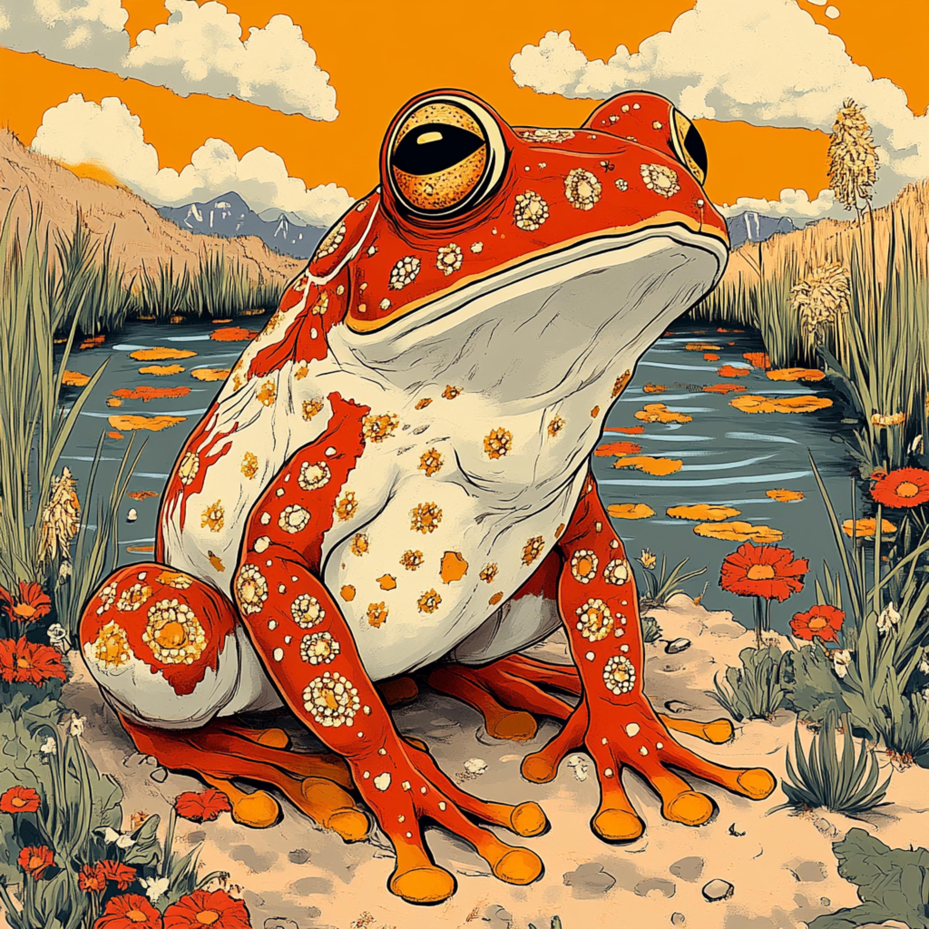 Large Square Frog Artwork, Orange Red Digital Frog Prints, 12 Digital ...