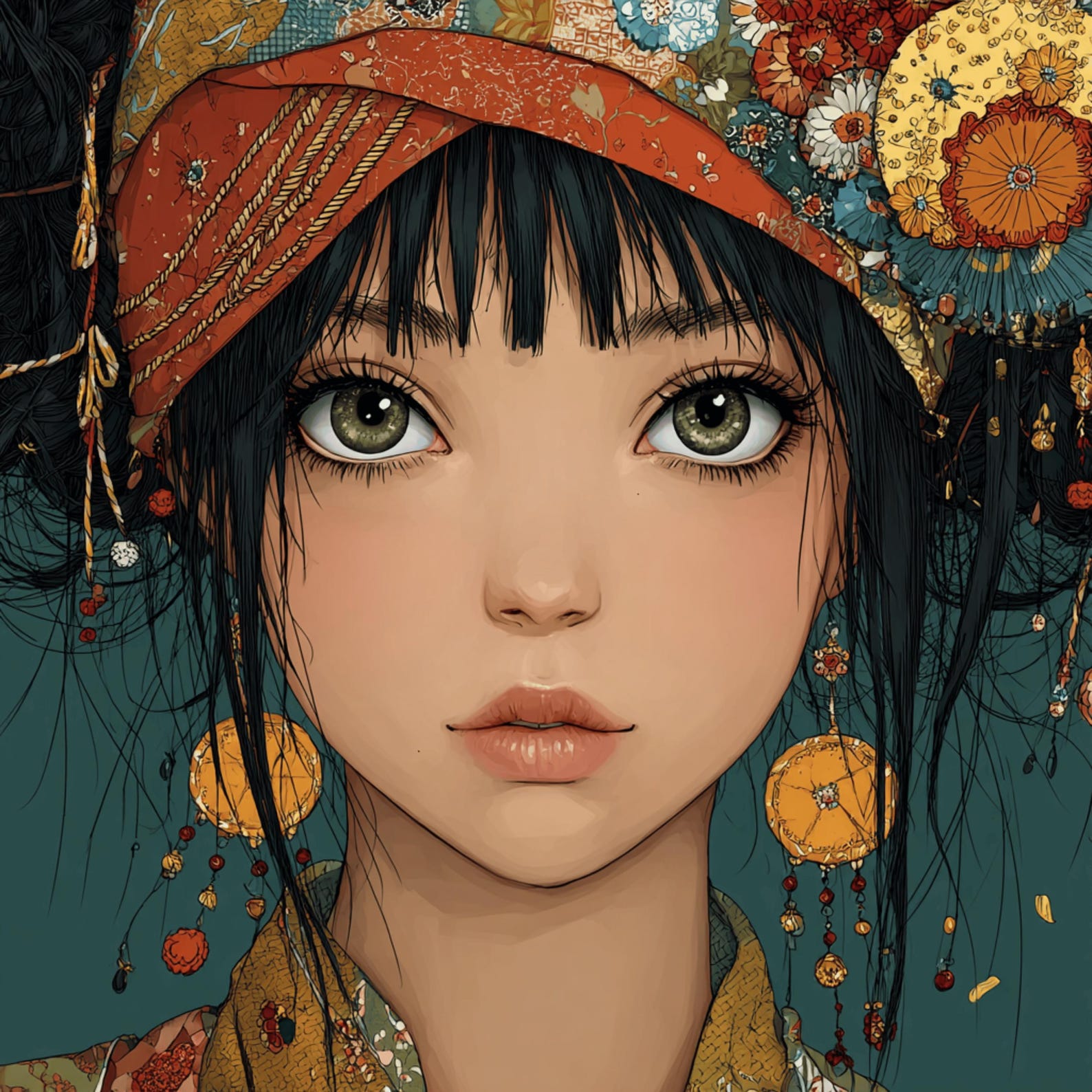 15 Whimsical Female Portrait Wall Art, Anime Floral Digital Woman Faces ...