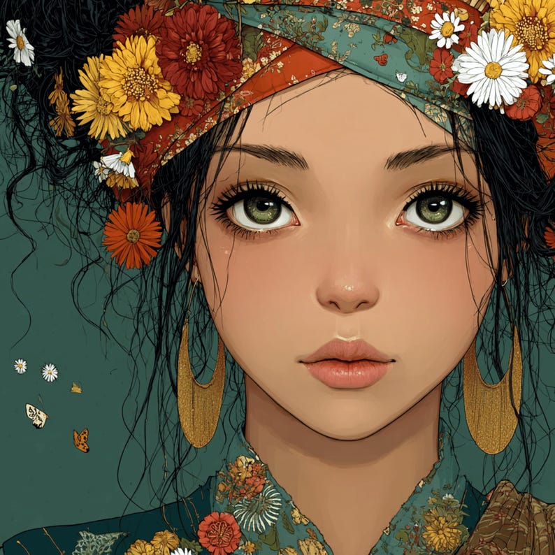15 Whimsical Female Portrait Wall Art, Anime Floral Digital Woman Faces ...