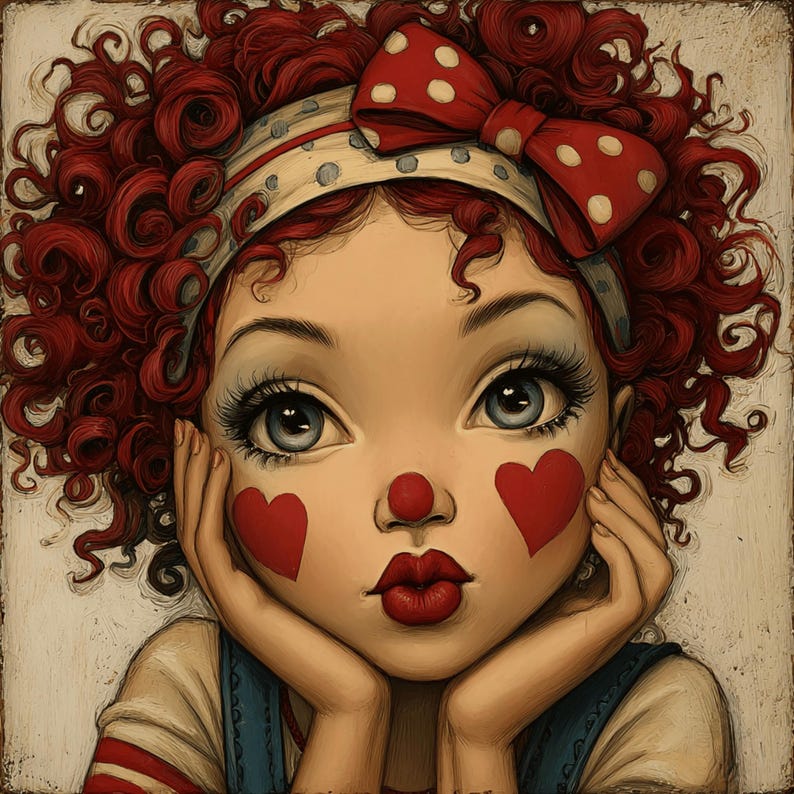 30 Whimsical Clown Girl Portrait Art Vintage Circus Hearts Painterly ...
