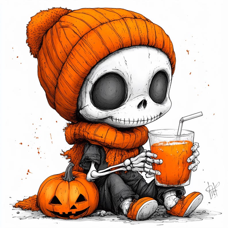 Cute Pumpkin Spice Girl and Skeleton Boy Halloween Art Poster, Big Eyes ...