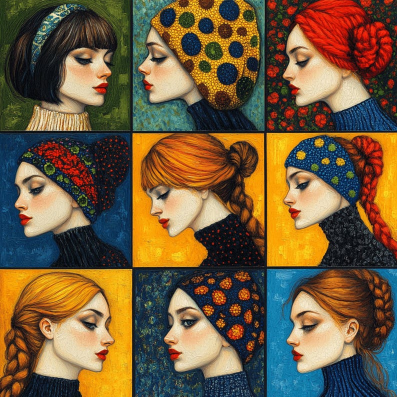 8 Digital Female Portraits Art, 3x3 Grid, Large Square Artwork, Wall ...