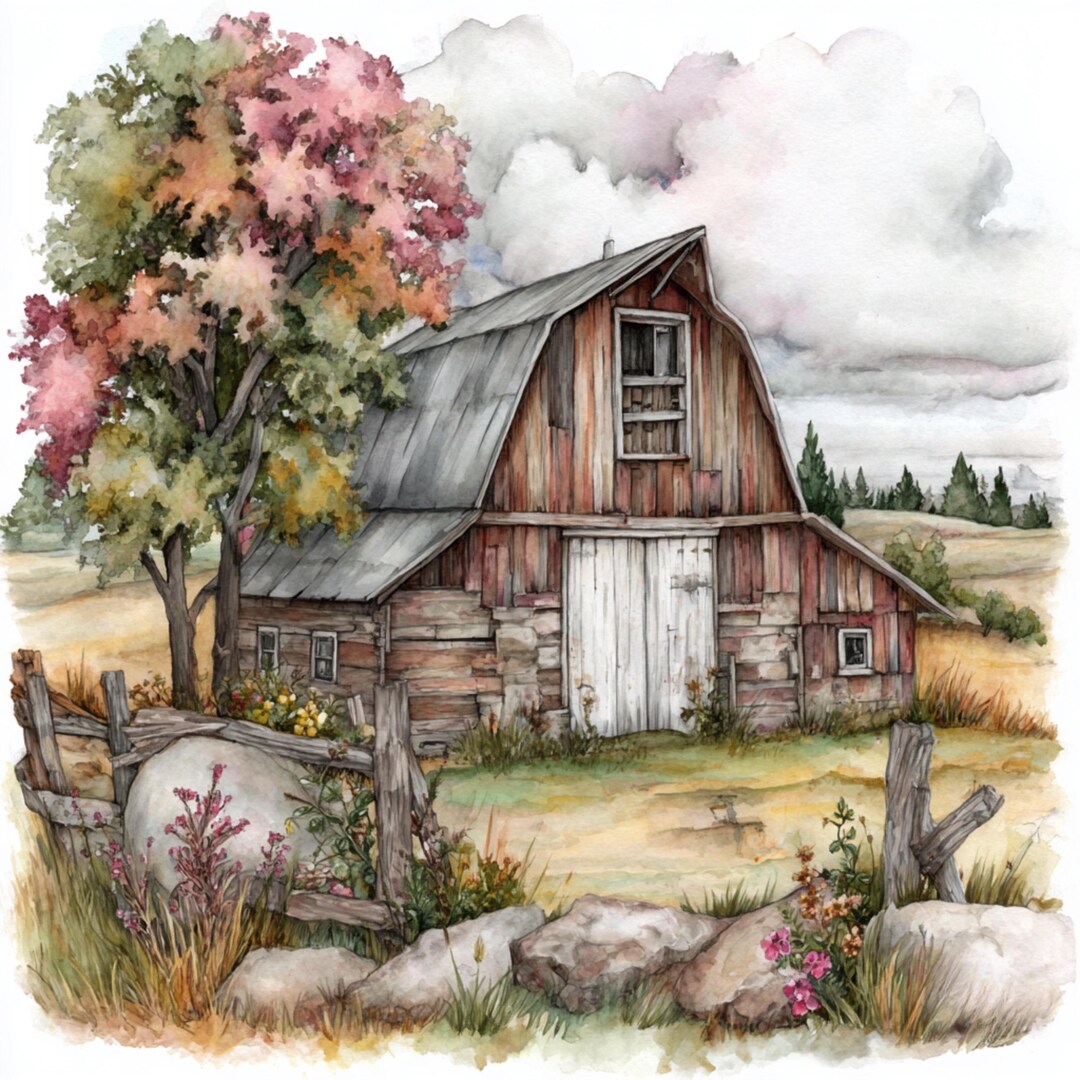 19 Painterly Rustic Barn Art Set Vintage Farm Buildings Cottagecore ...