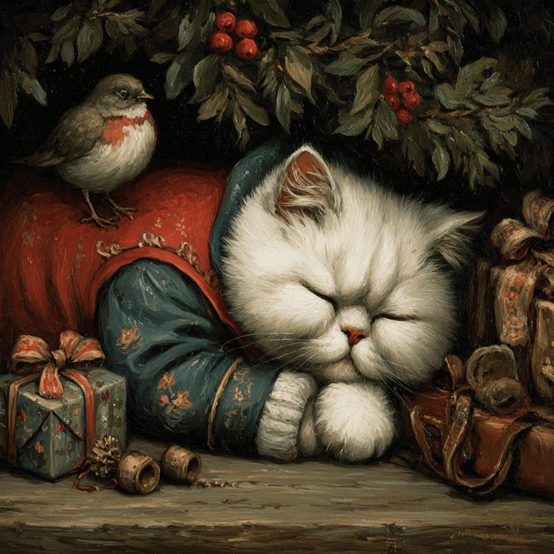 36 Christmas Cats With Presents, Cozy Holiday Artwork, Vintage Style ...