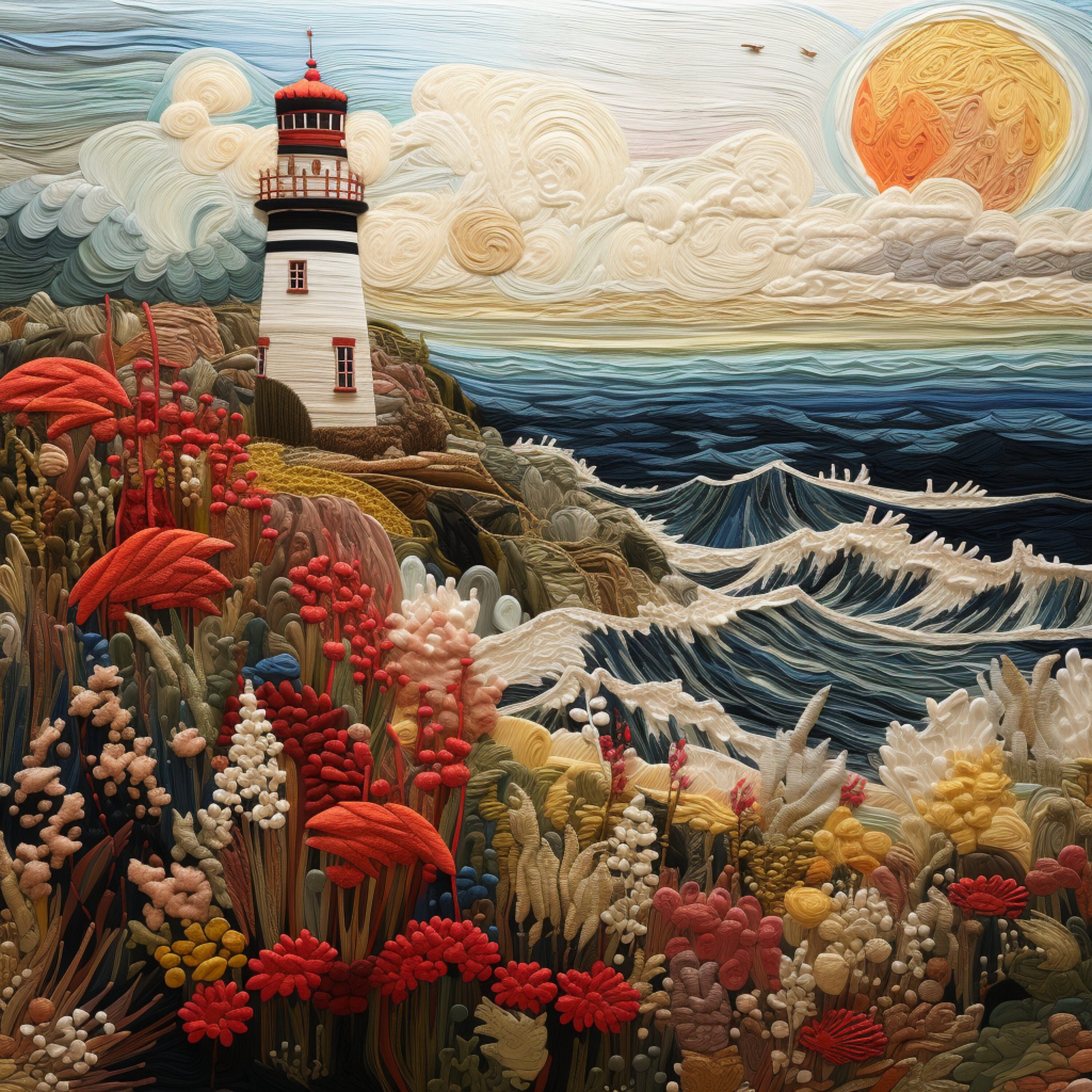 FOURTEEN Coastal Lighthouse Embroidery Art, Ocean Waves and Floral Wall ...