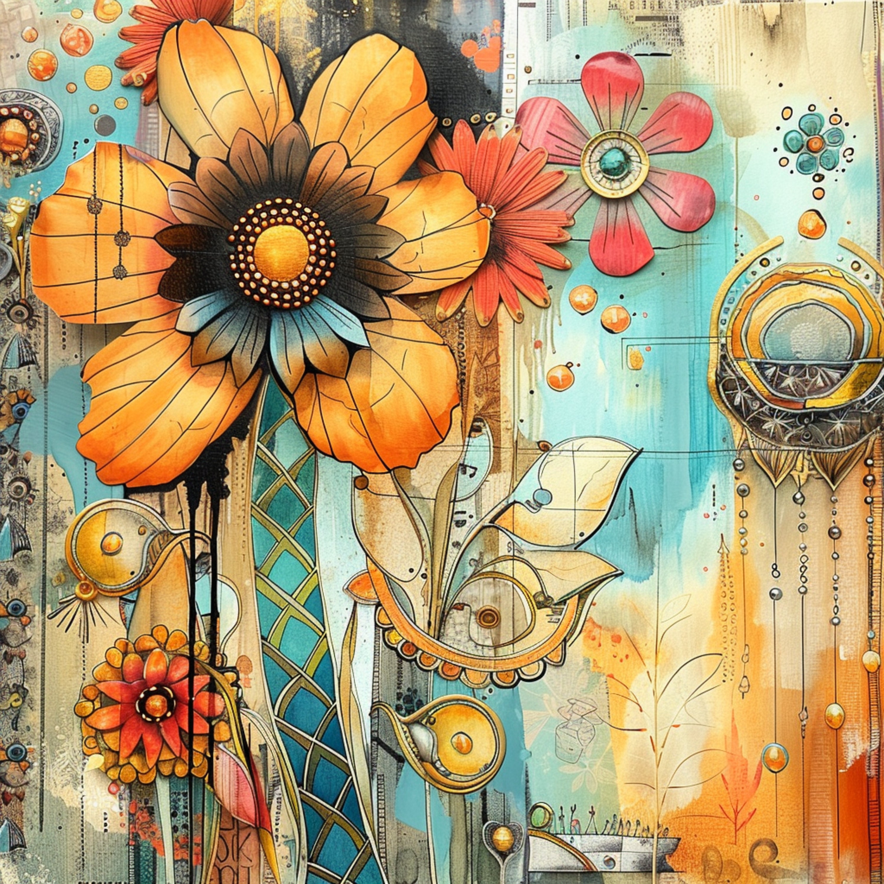 TEN Boho Button Ribbons Digital Download, Retro Style Button Art Design ...